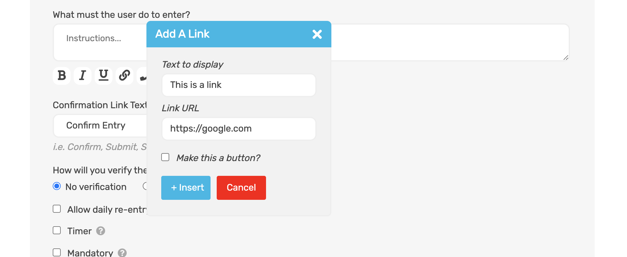 Add A Link Or Button To An Entry Method - SweepWidget Help Docs
