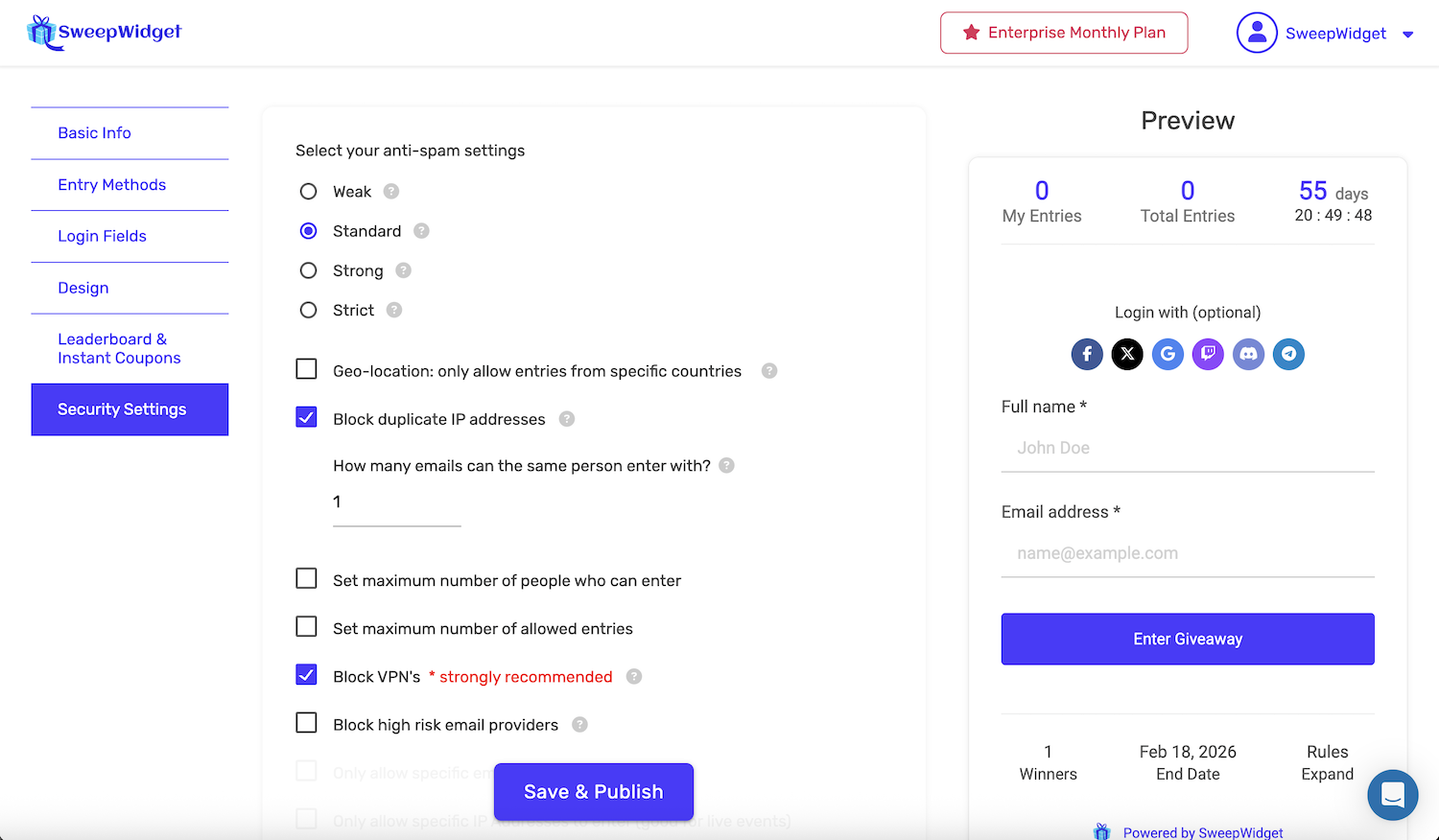 SweepWidget Giveaway Security Settings - SweepWidget Help Docs